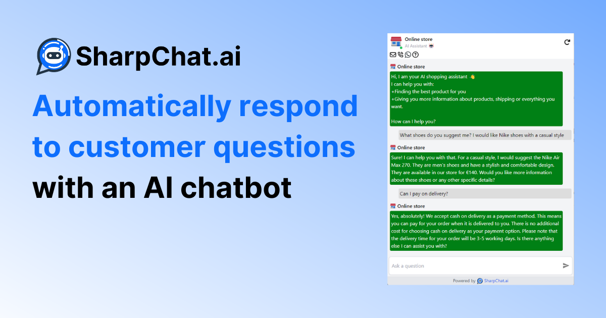 Automatically answer customer questions with an AI Chatbot | SharpChat.ai